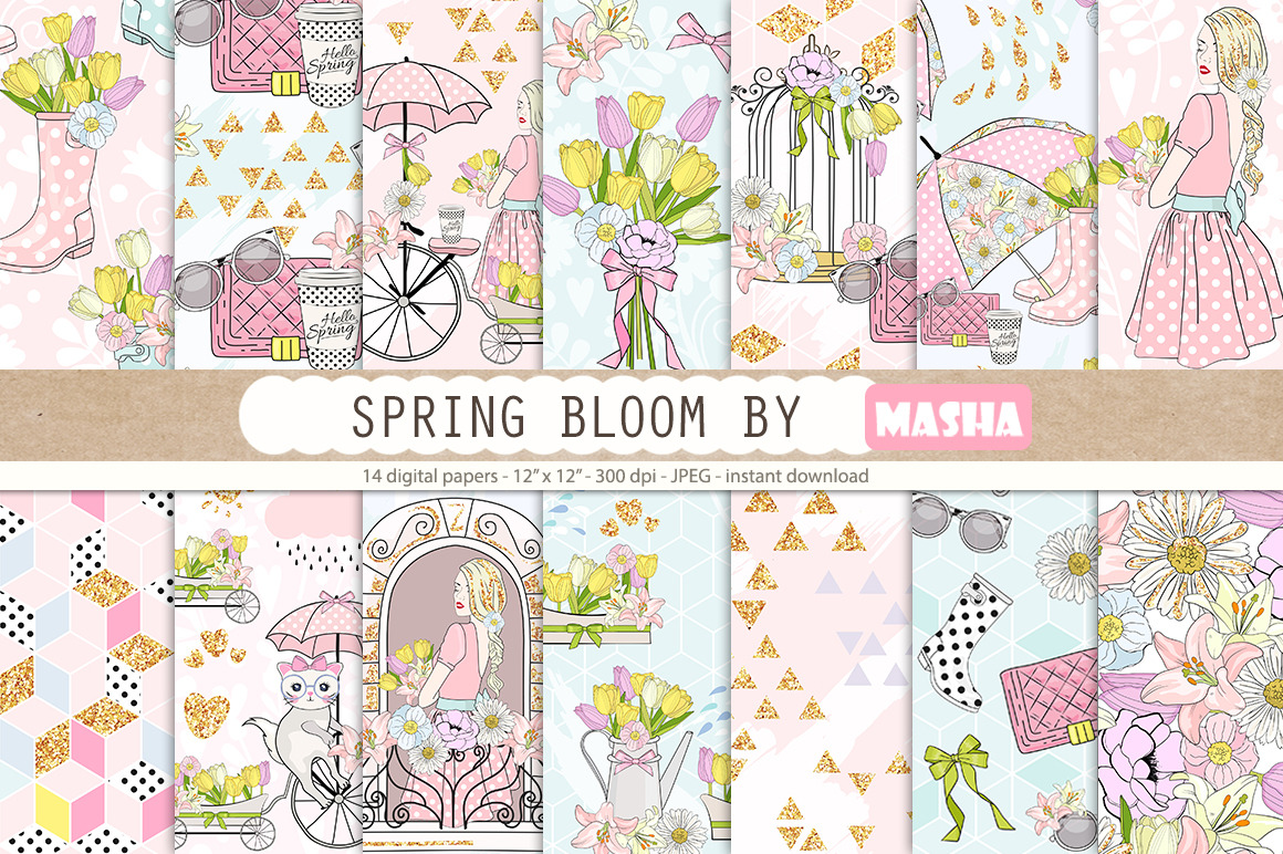 SPRING BLOOM digital papers, a Pattern Graphic by Masha Studio