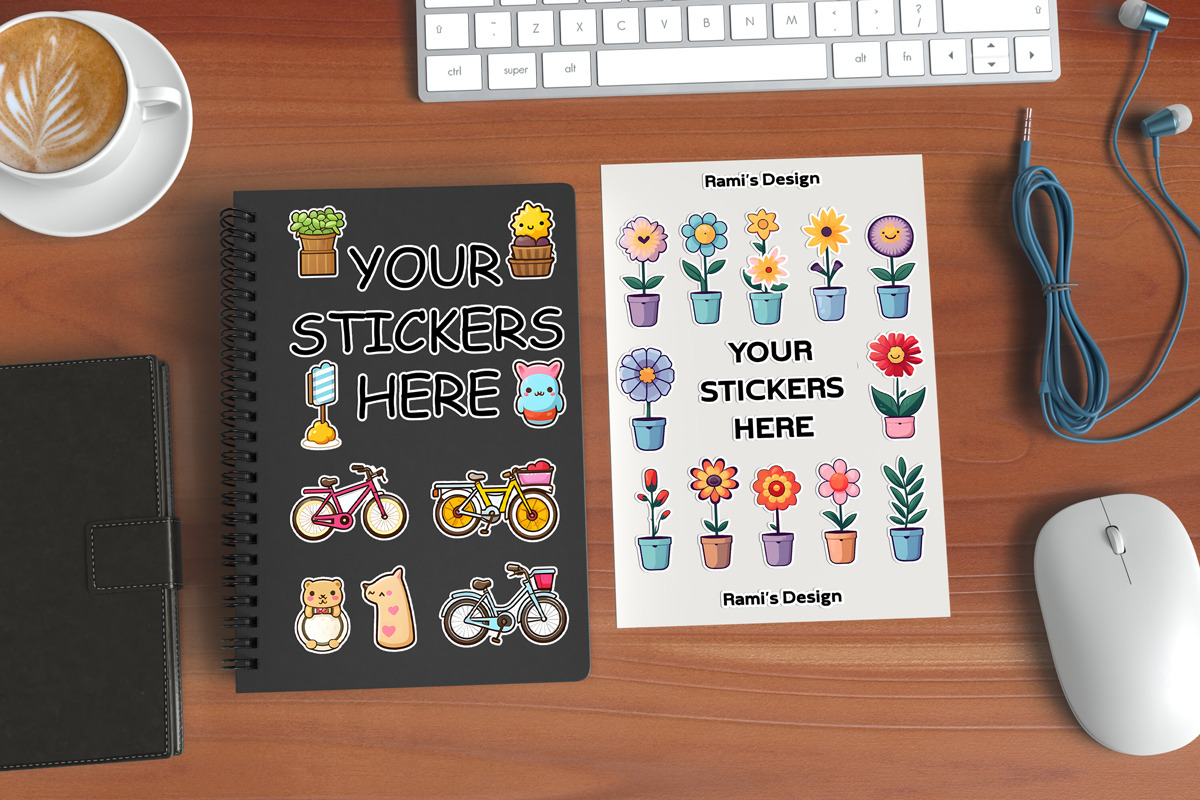Spiral book & sheet stickers mockup, an Advertising Mockup by Rami's ...