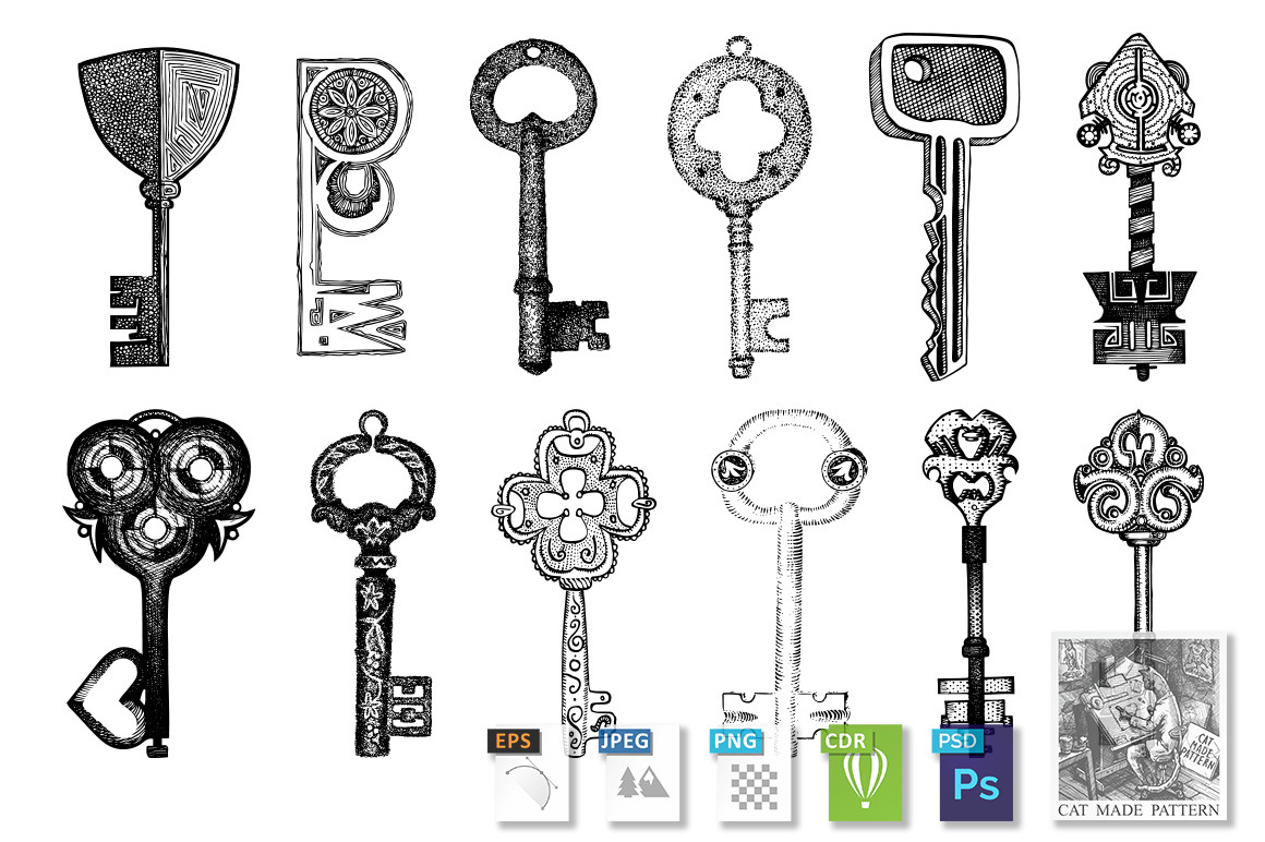 Set of fantasy lock-opening keys, a Decorative Illustration by ...