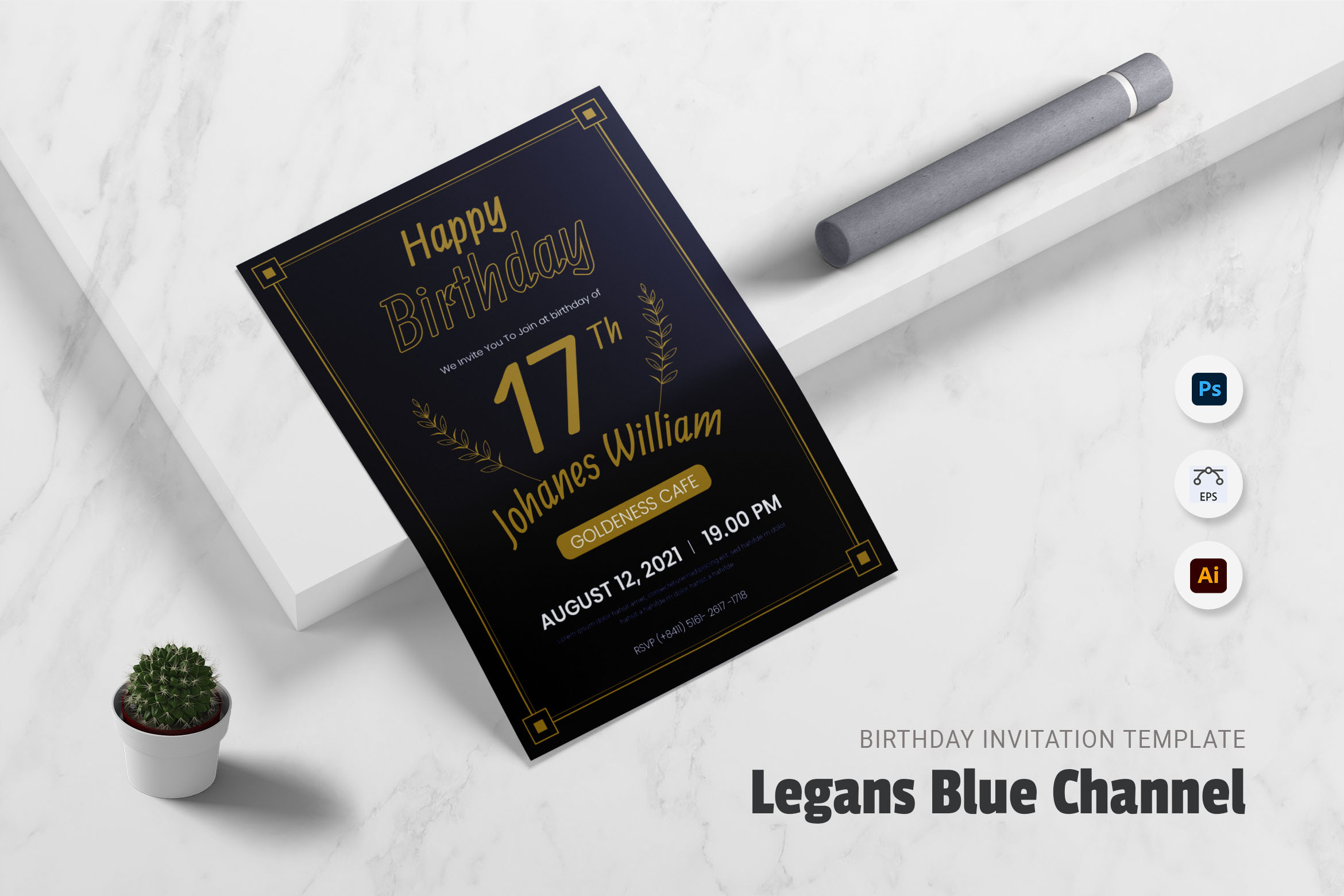 Legans Blue Birthday Invitation, an Invitation Template by Fannan Studio