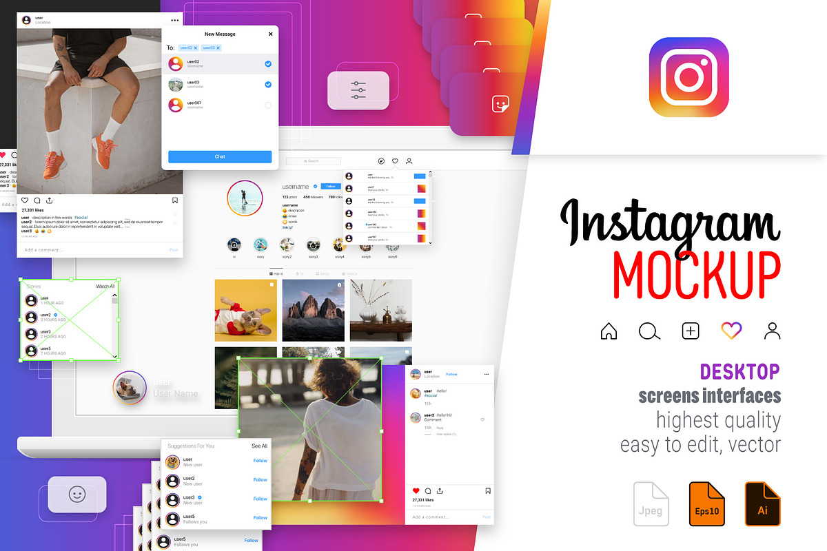 Instagram Desktop Interfaces, a Social Media Template by karnofff