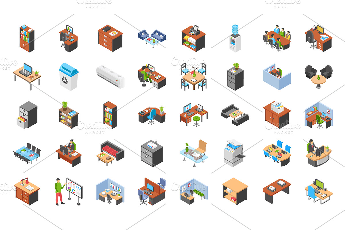 110 Office Workplace Isometric Icons, an Icon by Vectors Market