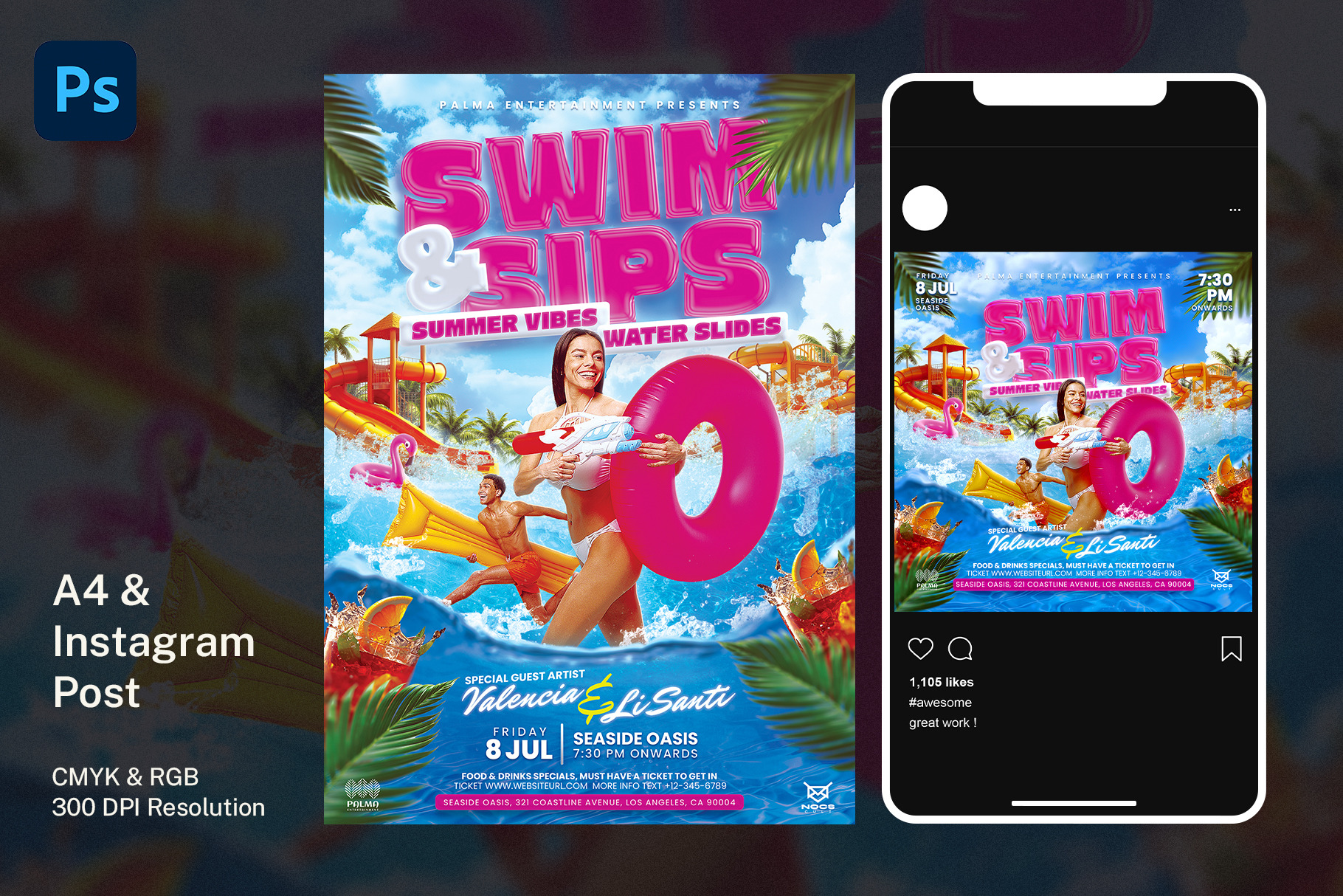 Pool Party Summer Flyer Template PSD