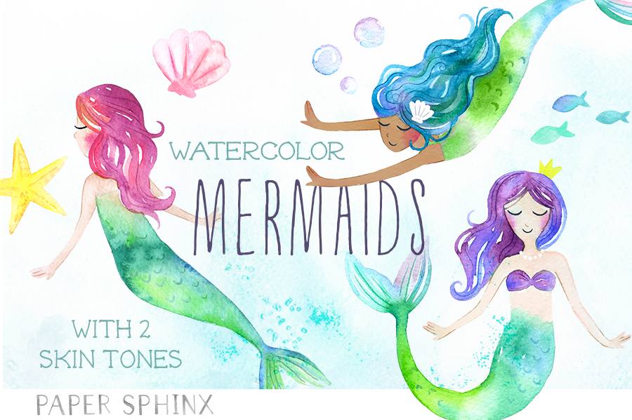 Sweet Mermaids Watercolor Pack, an Illustration by PaperSphinx