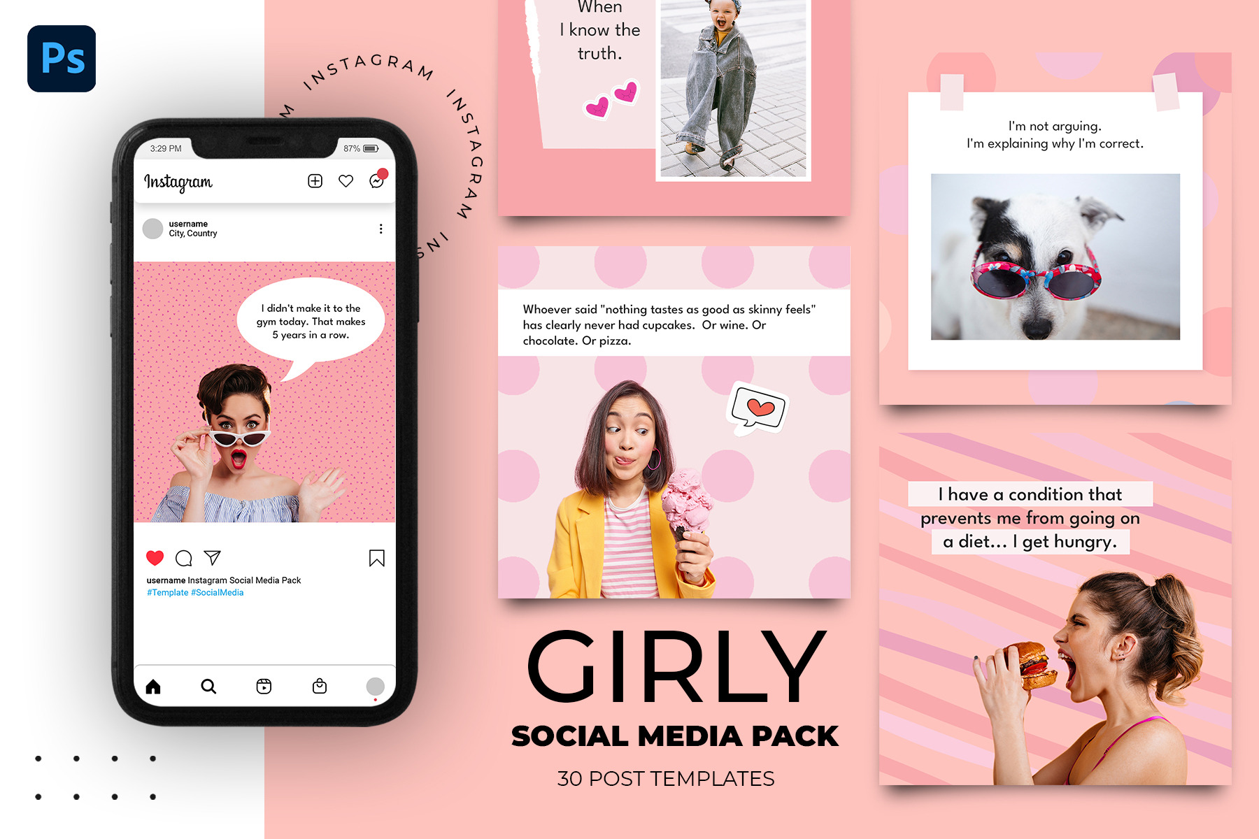 Girly Instagram 30 Post Templates, a Social Media Template by Anna Studio