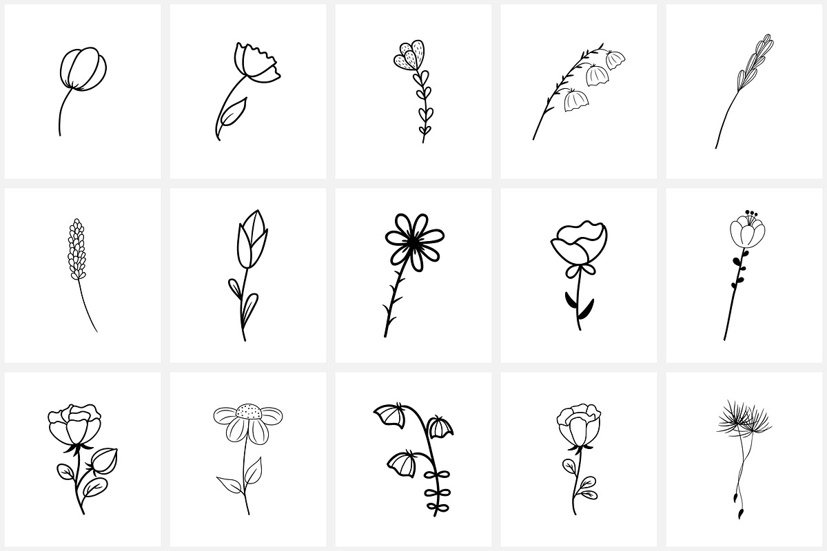 100 Hand Drawn Flowers, a Work Illustration by NatalieArtShop