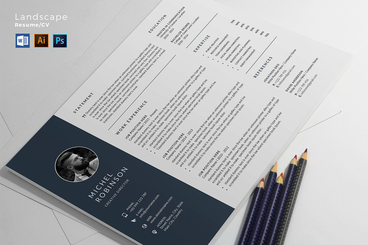 Landscape Resume/CV Template, a Resume Template by Designs Bird