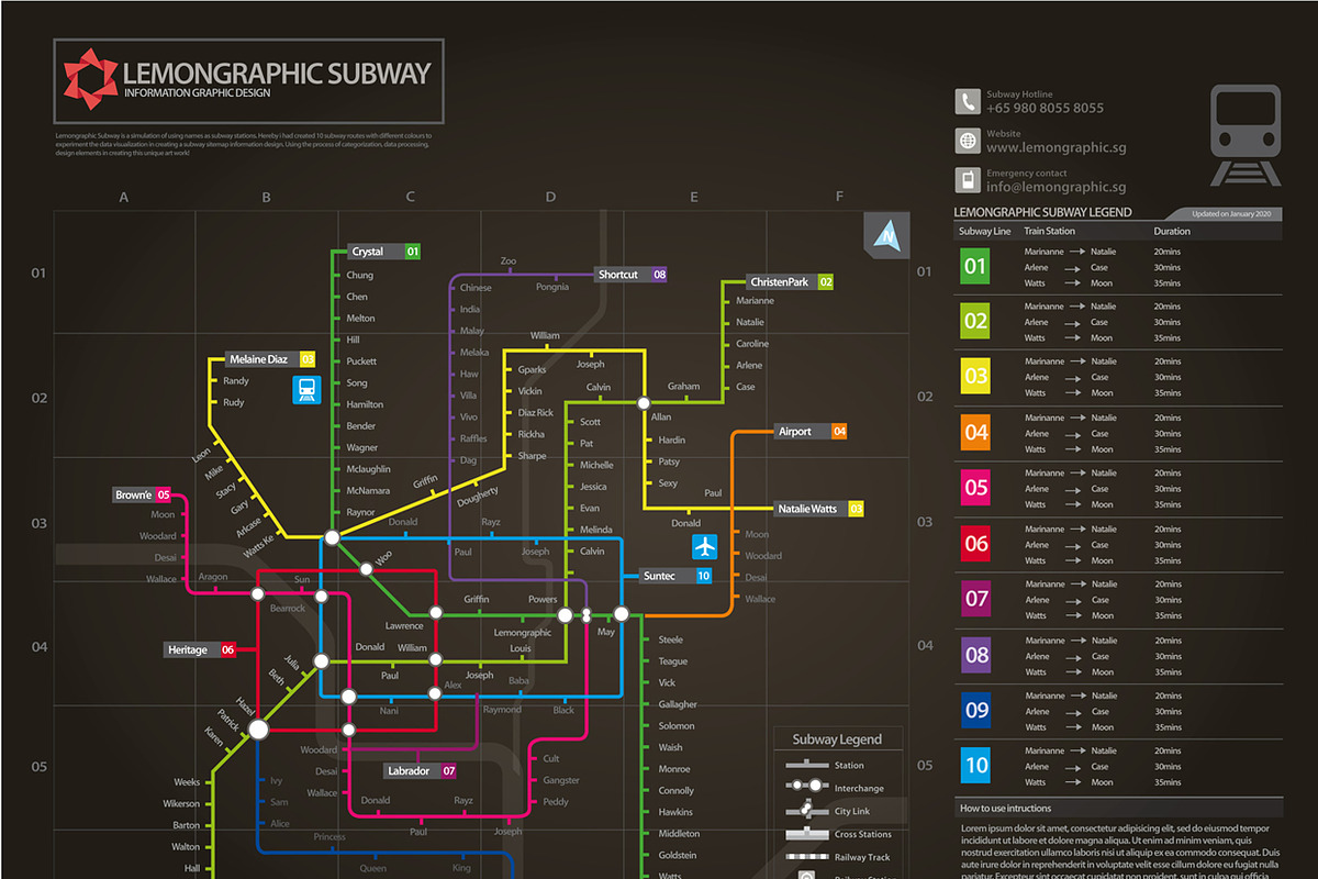 Neon subway map information design, an Illustration by www.lemongraphic.design