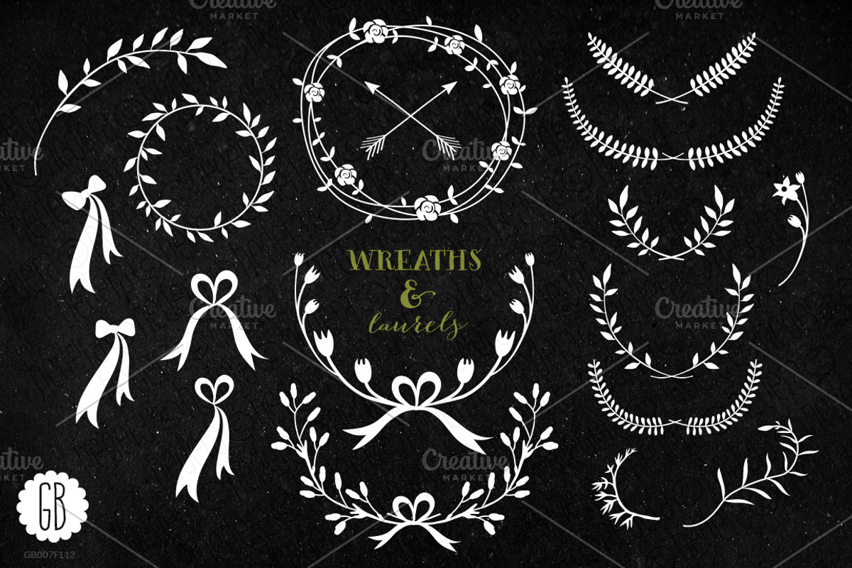 Wreaths laurels ribbons chalkboard, an Illustration by GrafikBoutique