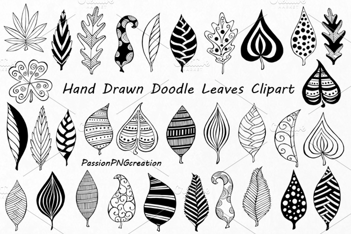 Hand Drawn Doodle Leaves Clipart, an Illustration by PassionPNGcreation