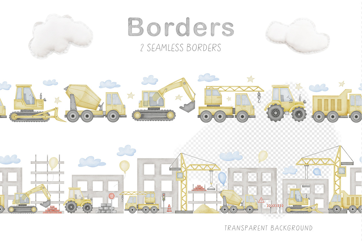 Construction Trucks watercolor set, a Transportation Illustration by ...