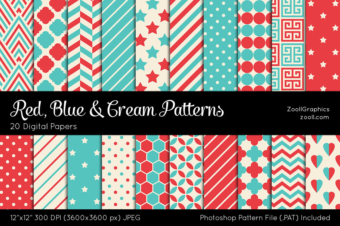 Red, Blue And Cream Digital Papers, a Pattern Graphic by ZoollGraphics