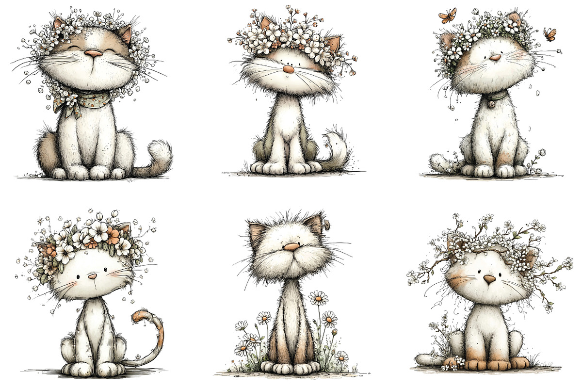 Spring Cat White Floral Clipart, an Illustration by CraftArtStudio