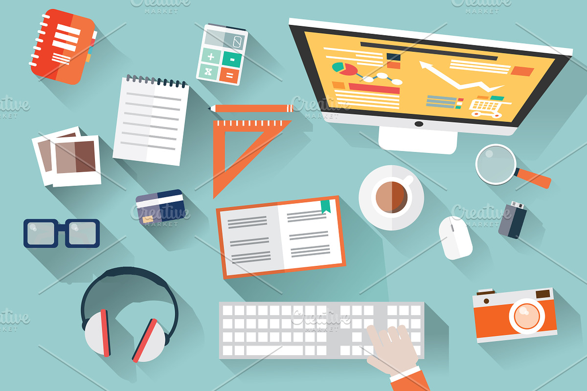 Flat Design Office Desk, a Work Illustration by Blue Lela Design