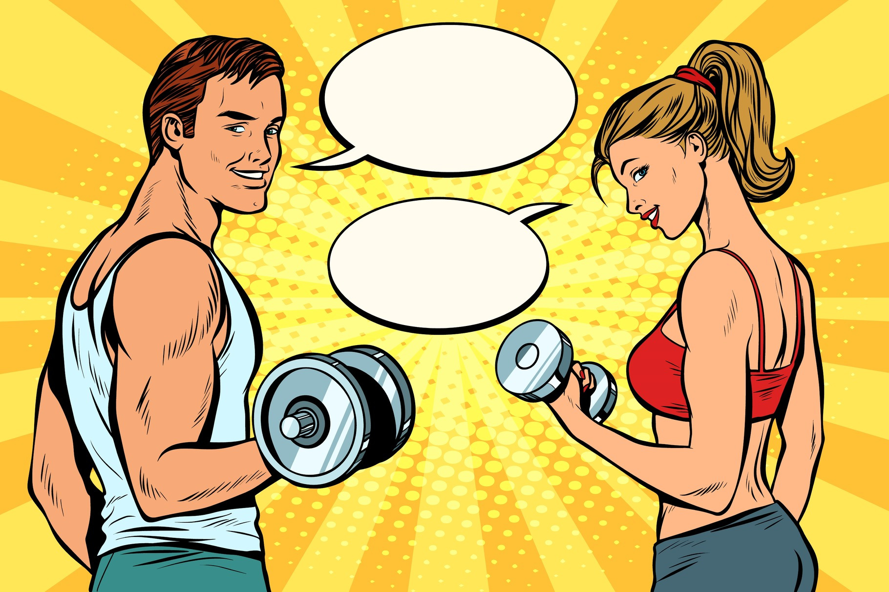 man and woman with dumbbells, comic strip dialogue bubble, a Healthcare ...