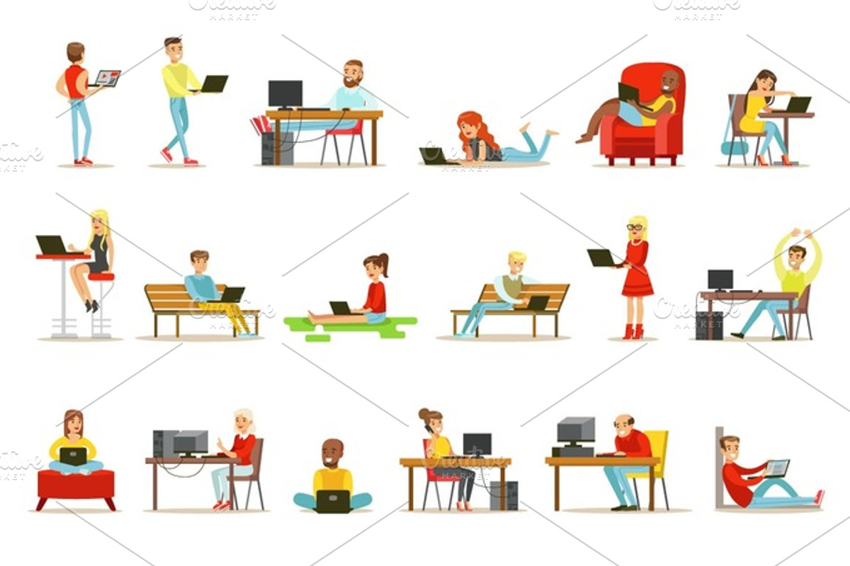 Happy People Spending Their Time Using Computer Set Of Vector ...