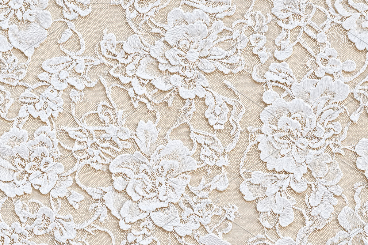 Seamless intricate white floral Venetian lace fabric on a beige ...