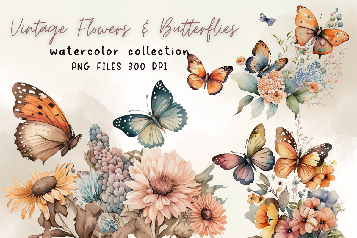Vintage Flowers Butterfly Watercolor | Illustrations ~ Creative Market