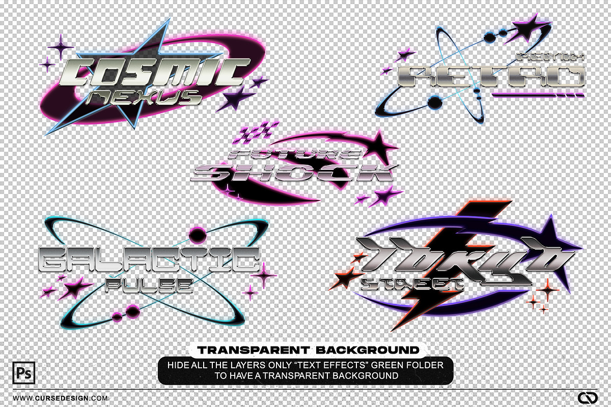 Y2K Chrome Text Effects – 5 PSD File, a Layer Style Add-On by Cursedesign