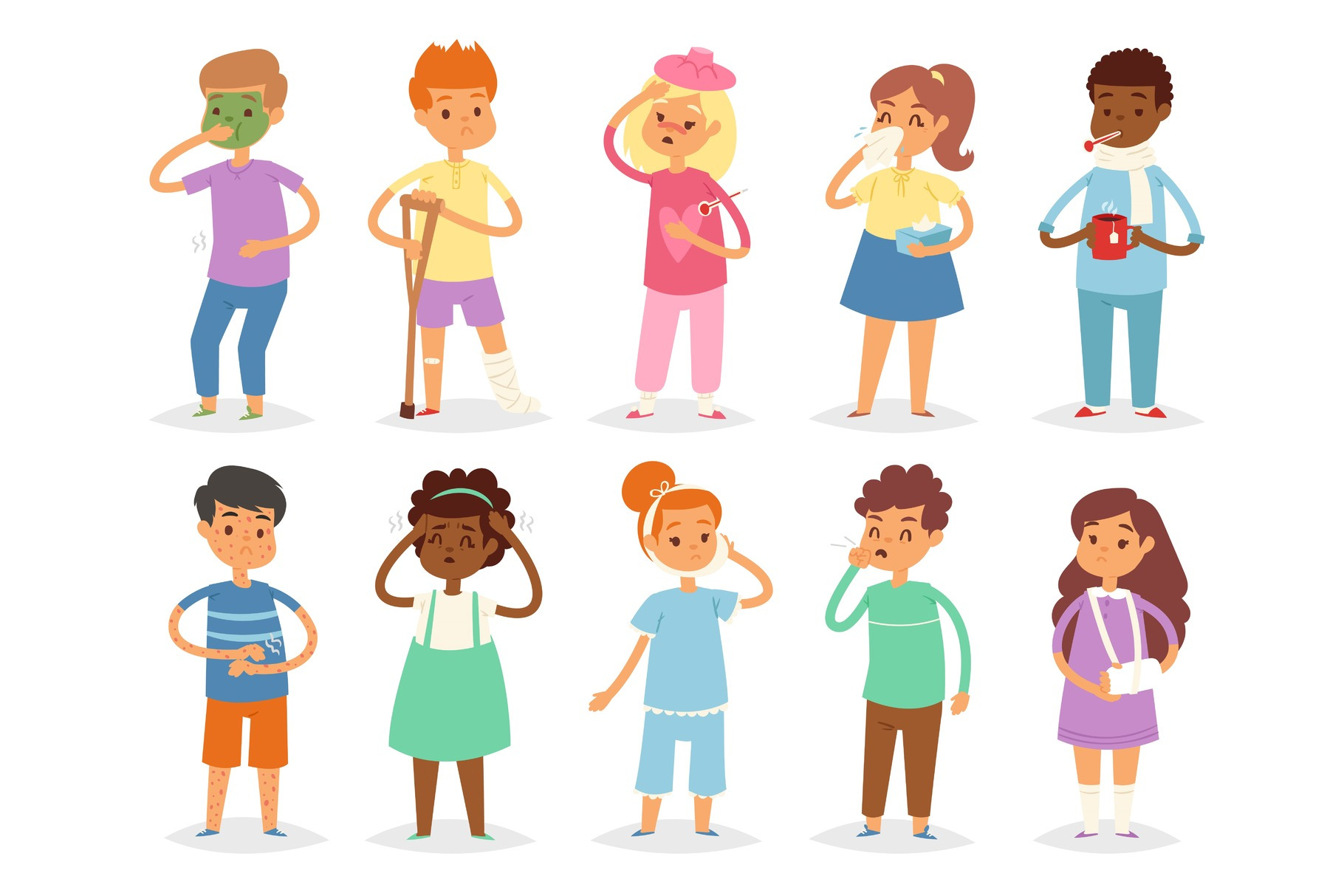 Sick kids vector child with headache and temperature and children ...