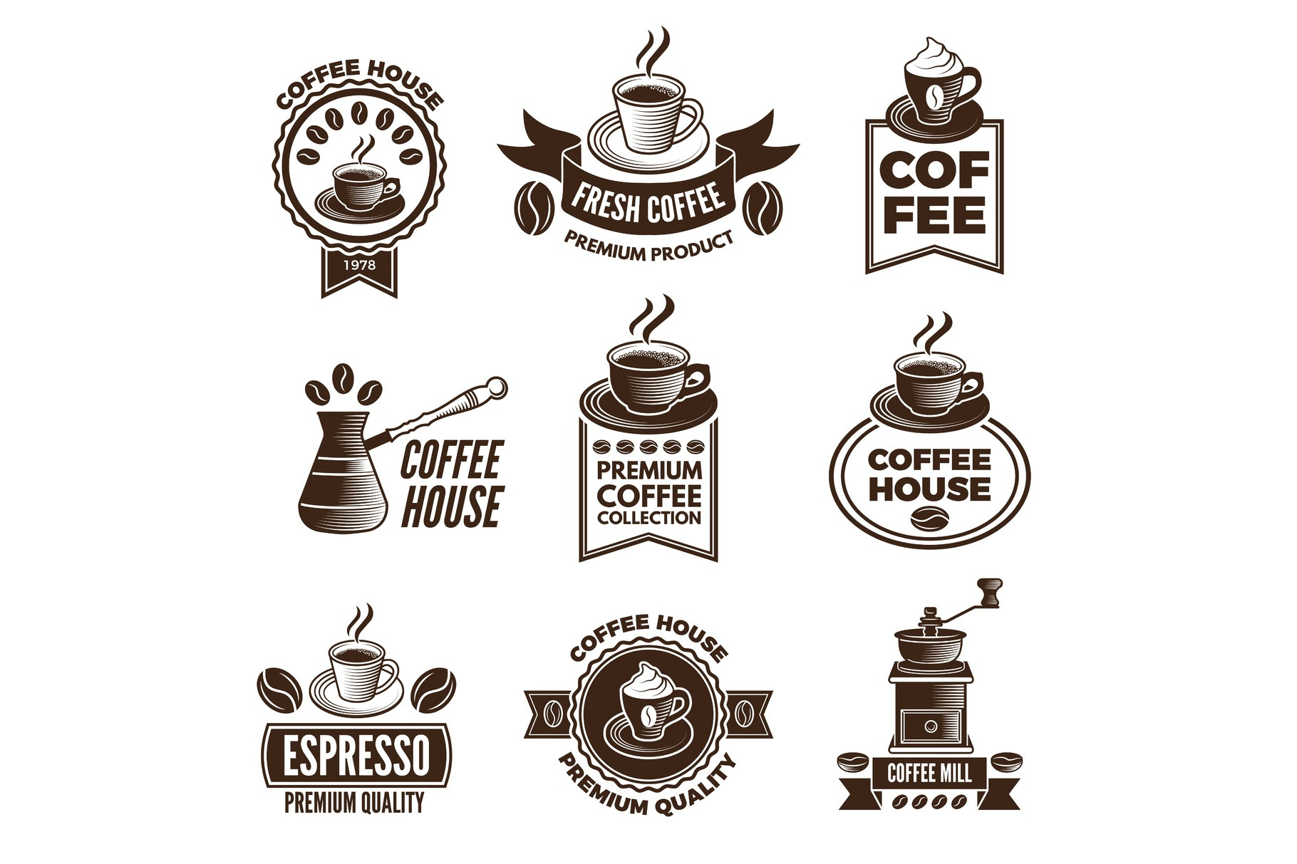 Different labels set for coffee house. Pictures of cups of coffee and ...