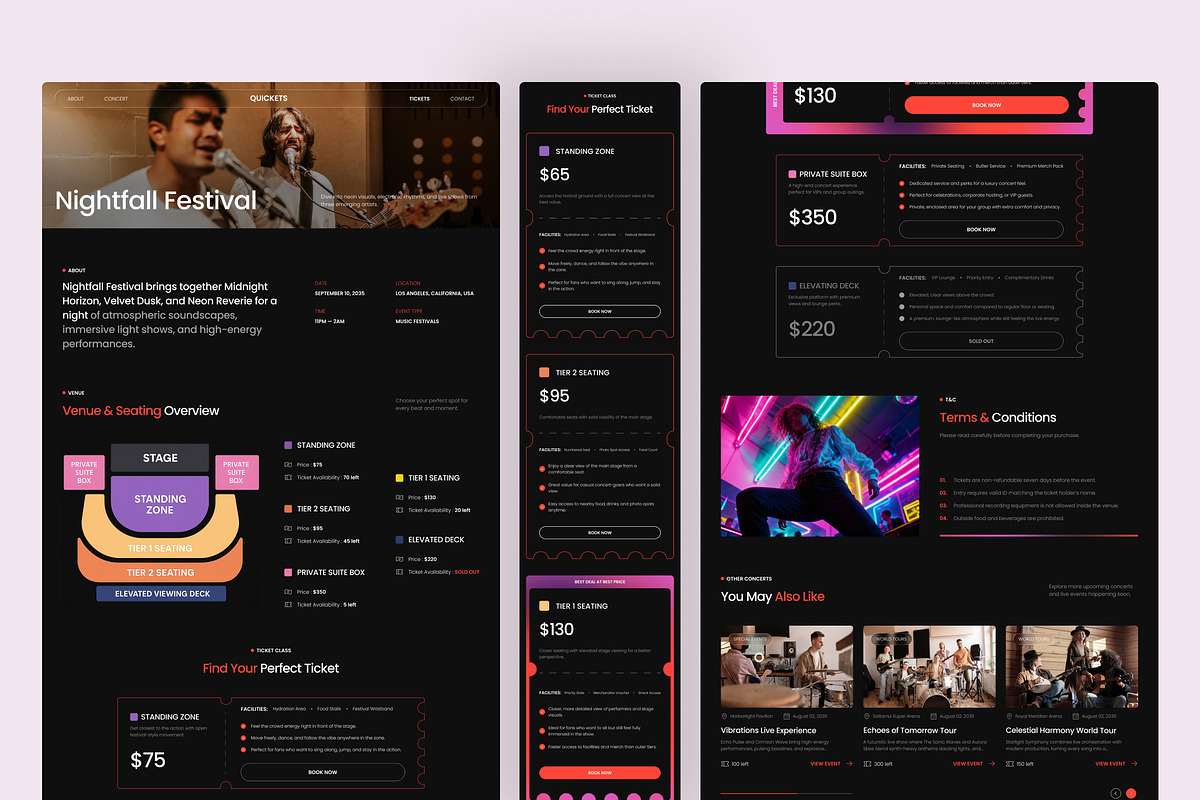 Quickets – Concert Ticketing Website, an UI Kit Template by peterdraw