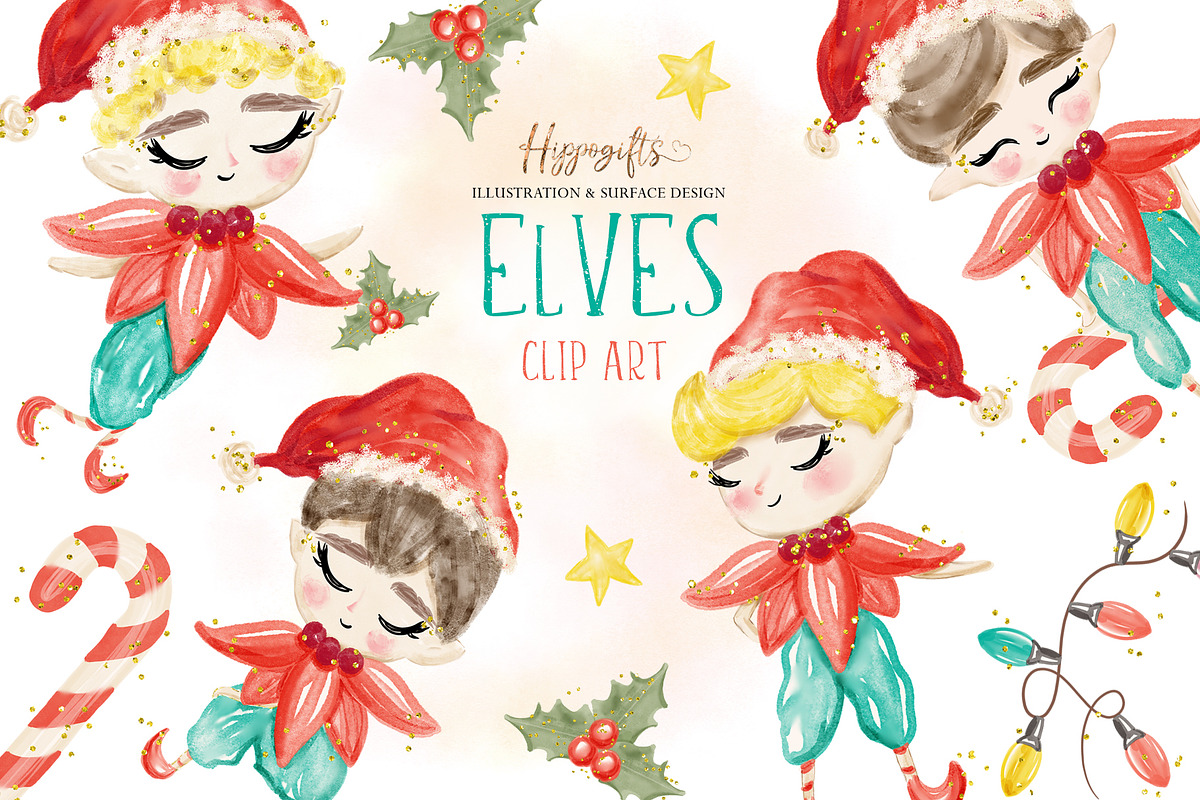 Christmas elves clip art, an Illustration by TheHappyGiftArt