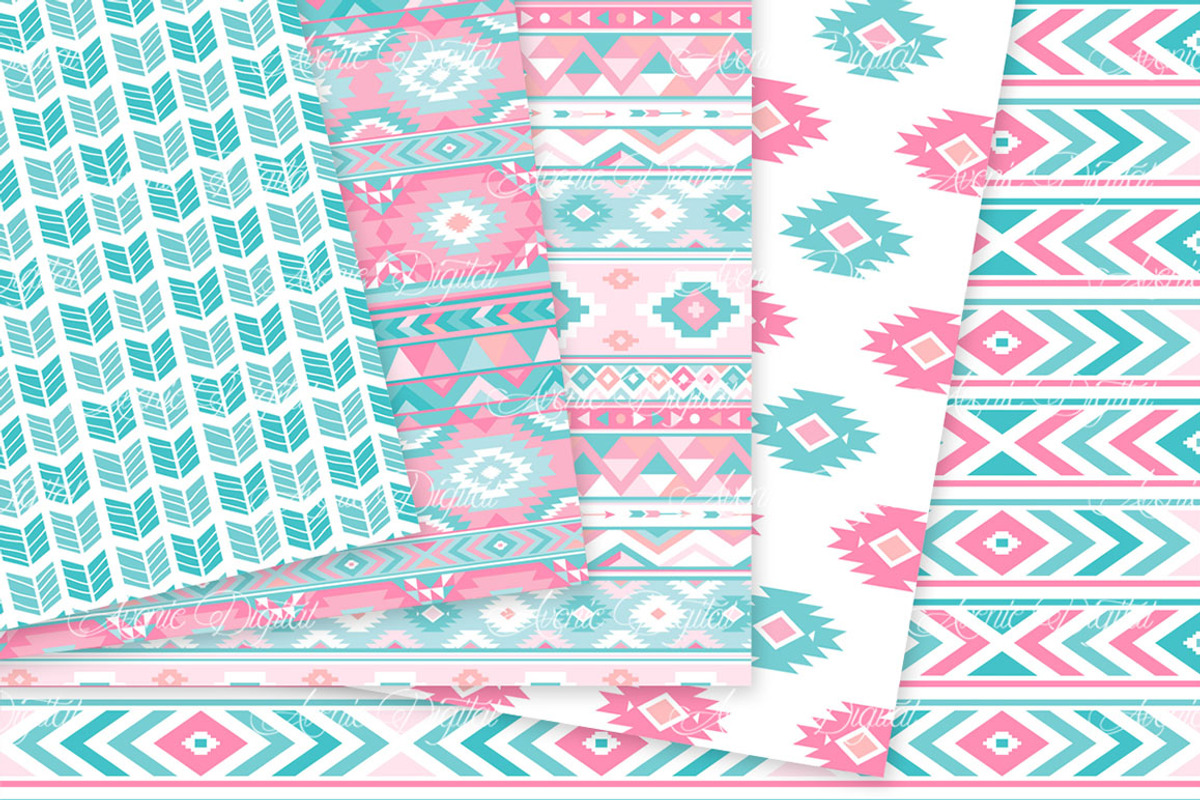 Pink & Teal Aztec Digital Paper, a Pattern Graphic by Avenie Digital