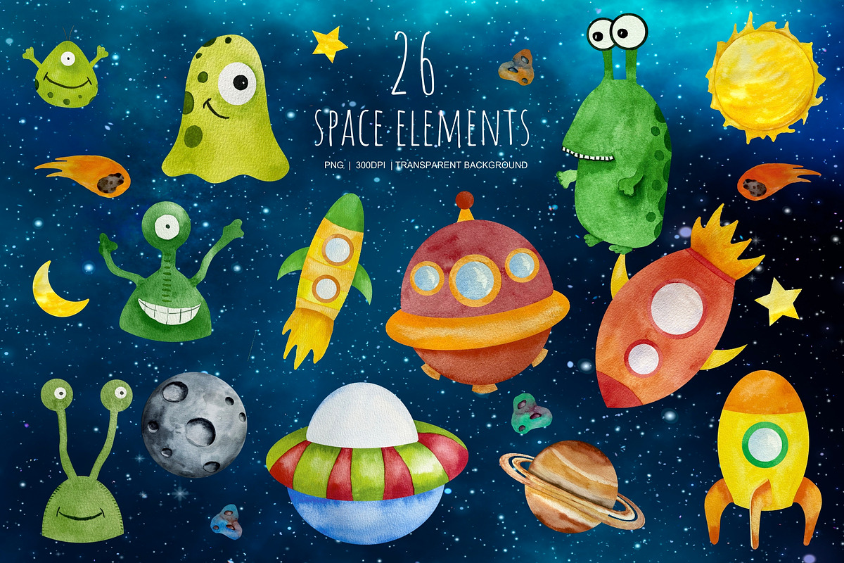 Watercolor Outer Space and Aliens, a Decorative Illustration by Art and ...