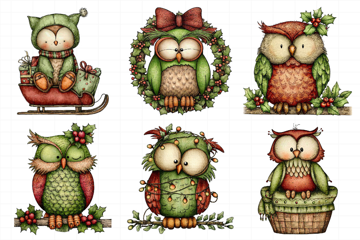 Whimsical Christmas Owl Clipart Bund, an Illustration by Daily.Designs