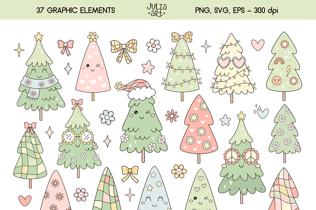 Groovy retro christmas tree clipart | Creative Market