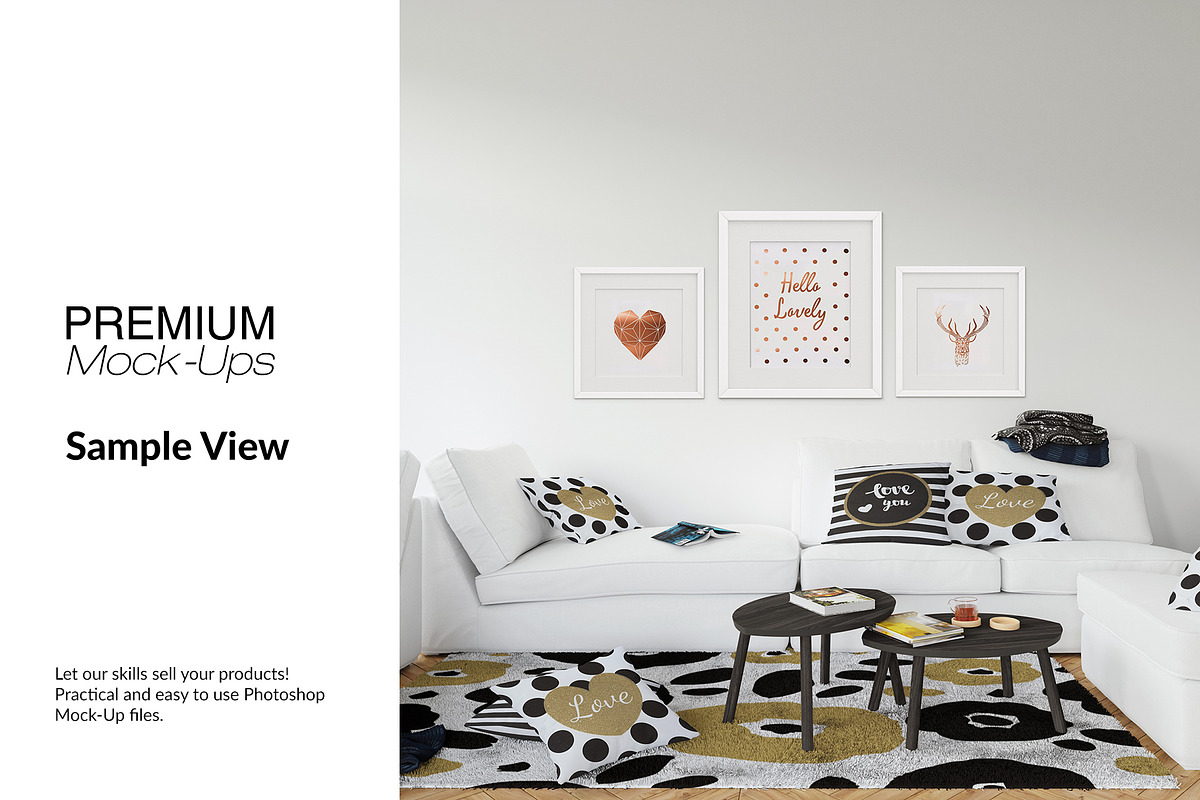 Throw Pillows Carpet & Frames Mockup, a Product Mockup by mock-ups