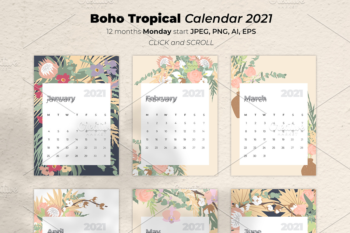 Boho Calendar Template 2021, a Stationery Template by Rose Design