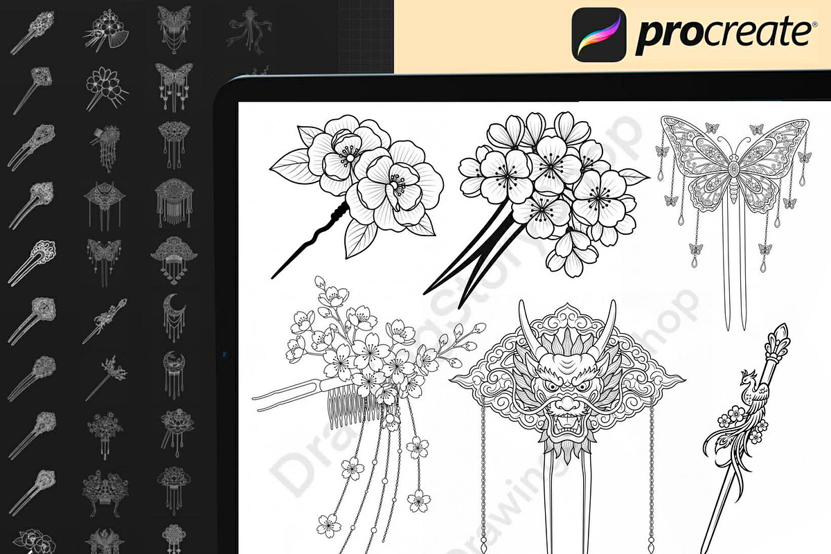 100 Chinese Hairpin Procreate Brush, a Brush Add-On by DrawingStoryShop