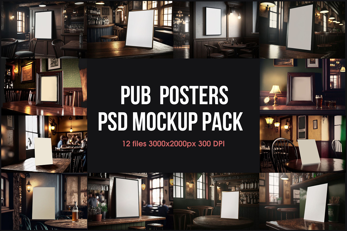 Pub Posters PSD Mockup Pack, Bar Banner PSD Template, Wooden interior ...