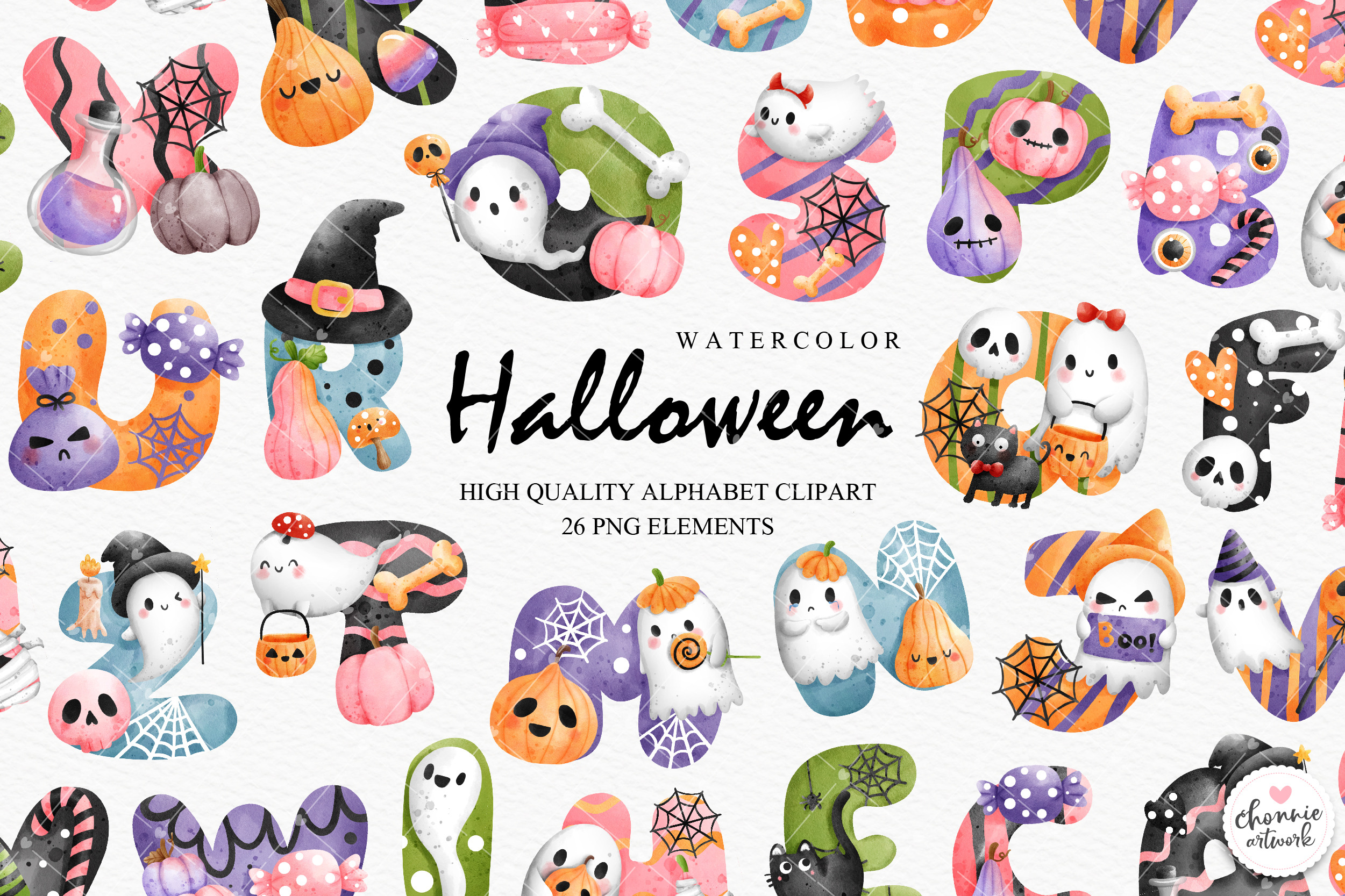 cute halloween alphabet clipart, an Illustration by Chonnieartwork