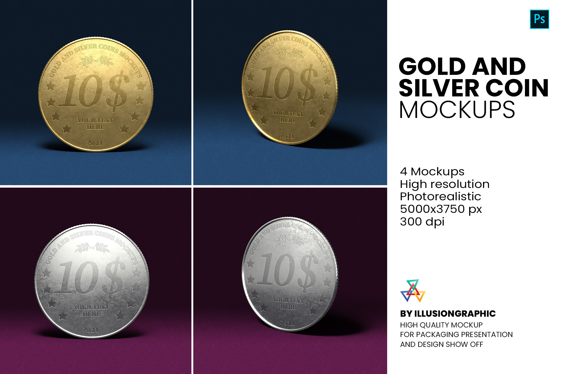 Gold and Silver Coin Mockups, a Product Mockup by Illusiongraphic ...
