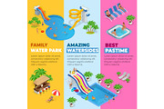 Aquapark vertical web banners with different water slides, family water ...