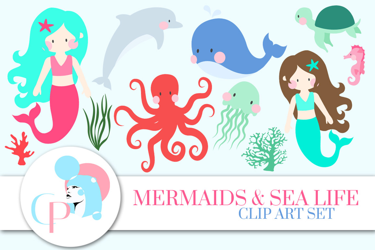 Mermaid & Sea Life CLip Art Set, an Illustration by Nagore Rodriguez ...