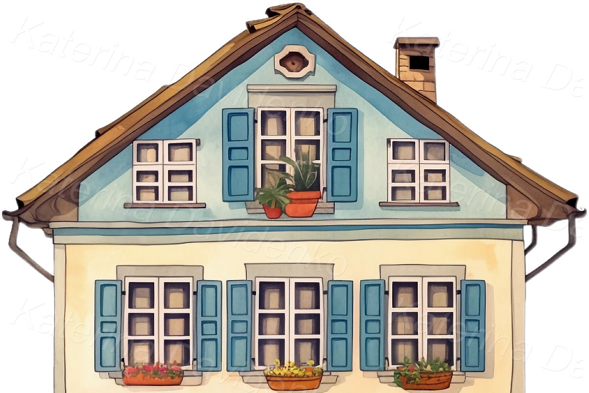 Watercolor european homes facades, an Object Illustration by Bubert Art