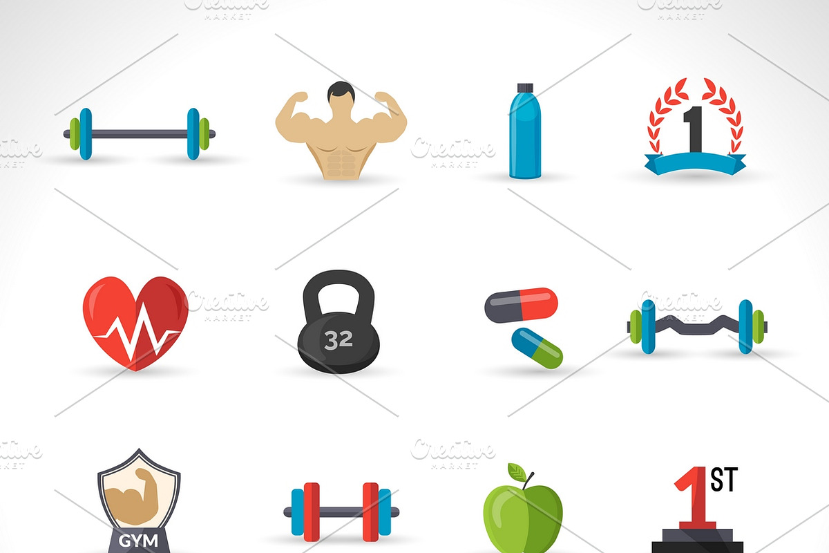Bodybuilding icons flat set, an Icon by Macrovector | Creative Market