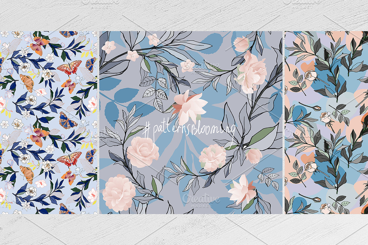 Blue floral seamless vector pack, a Pattern Graphic by PatternsBlooming