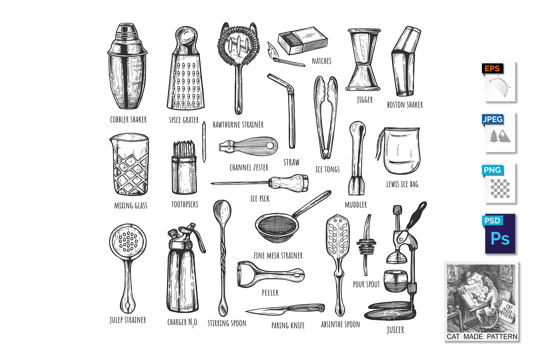 Professional bartender tools set, an Illustration by CatMadePattern