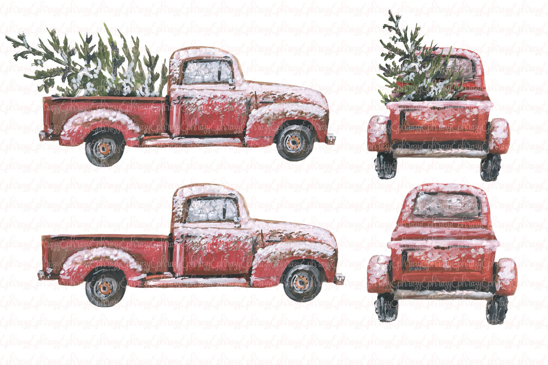 Red Christmas truck clipart set, an Illustration by EphrazyGraphics