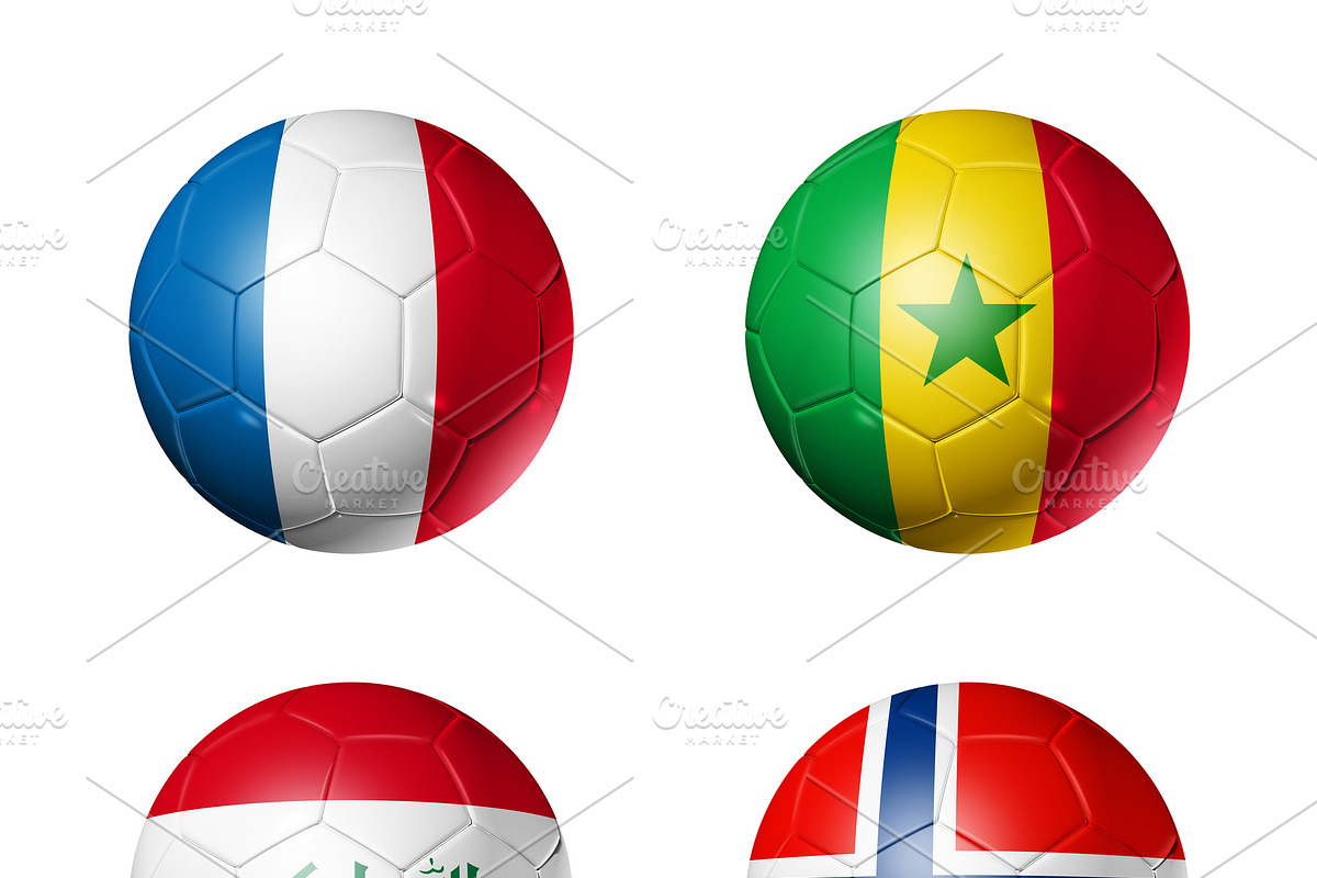 Football competition 2026 group I flags on soccer balls. 3D illu, a ...
