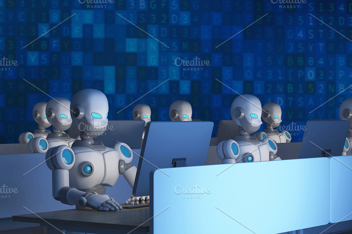 Group of robots using computers with data code. Artificial intelligence in futuristic technology ...