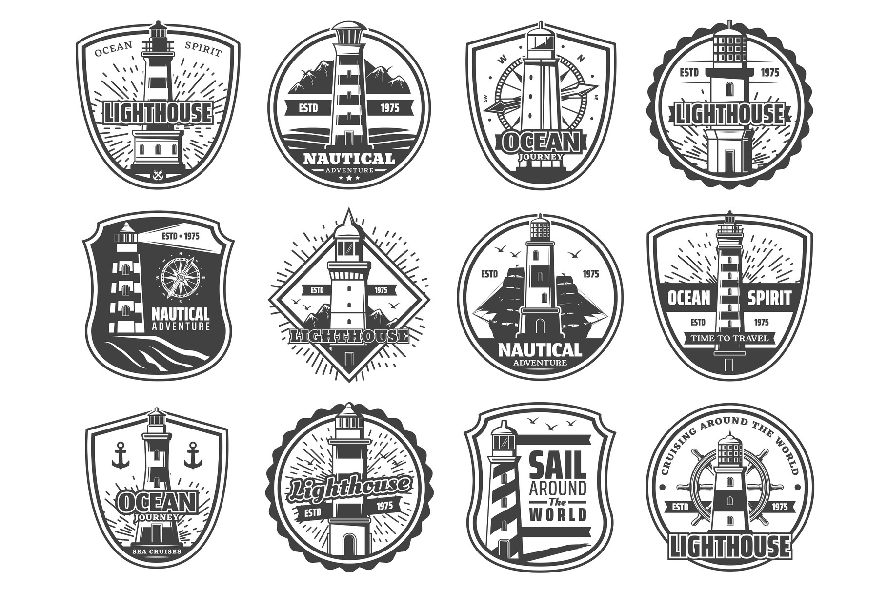 Nautical marine lighthouse, icons, an Illustration by Vector Tradition