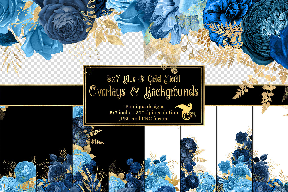 5x7 Blue and Gold Floral Overlays, an Illustration by Digital Curio