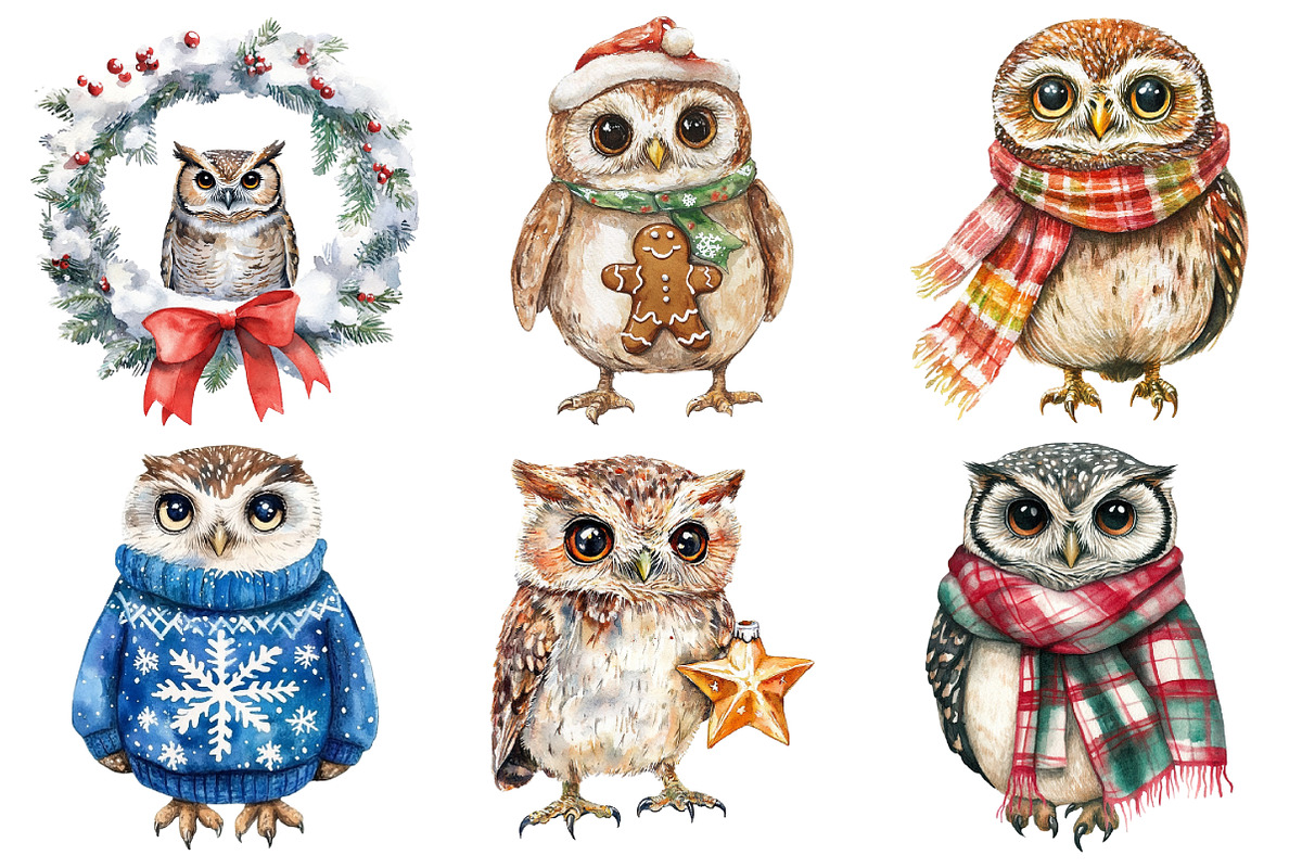 Christmas Owl Sublimation Clipart, a Seasonal Illustration by Daily.Designs