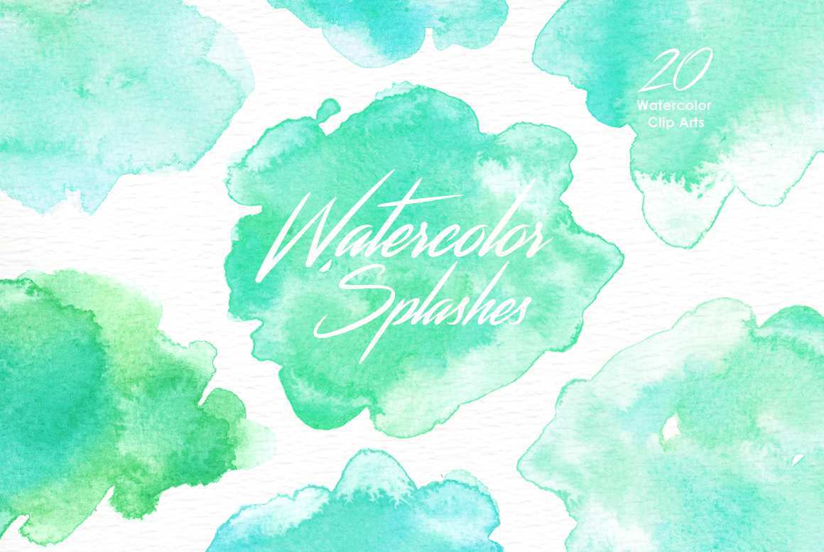 Mint Watercolor Splashes Clipart, an Illustration by everysunsun